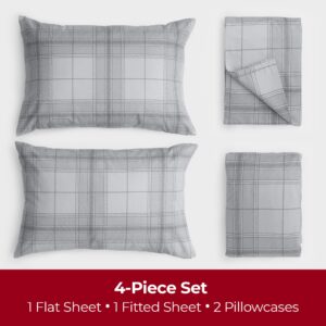 Mellanni Flannel Bed Sheets Set - 4 pc Luxury 100% Heavyweight 180GSM Cotton - Lightweight, Cozy - Deep Pockets, All Around Elastic - Soft, Warm, Breathable(Queen, Light Gray Plaid)