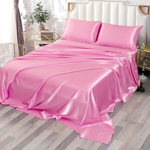 sfoothome twin satin sheets [3-piece, pink] hotel luxury silky bed sheets - microfiber sheet set, wrinkle, fade, resistant - deep pocket fitted sheet, flat sheet, pillow cases