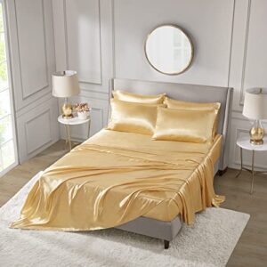 madison park essentials satin sheets queen size, luxurious silky satin bed sheets, elastic 14" pocket fits up to 16" mattress, wrinkle-free, soft satin bed sheet set, gold 6 piece