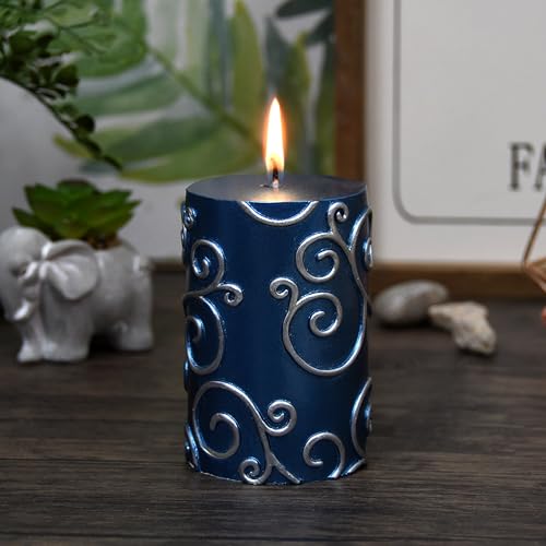 Zest Candle Pillar Candles, 3 by 4-Inch, Blue Scroll