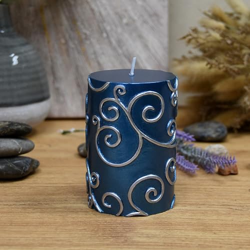 Zest Candle Pillar Candles, 3 by 4-Inch, Blue Scroll