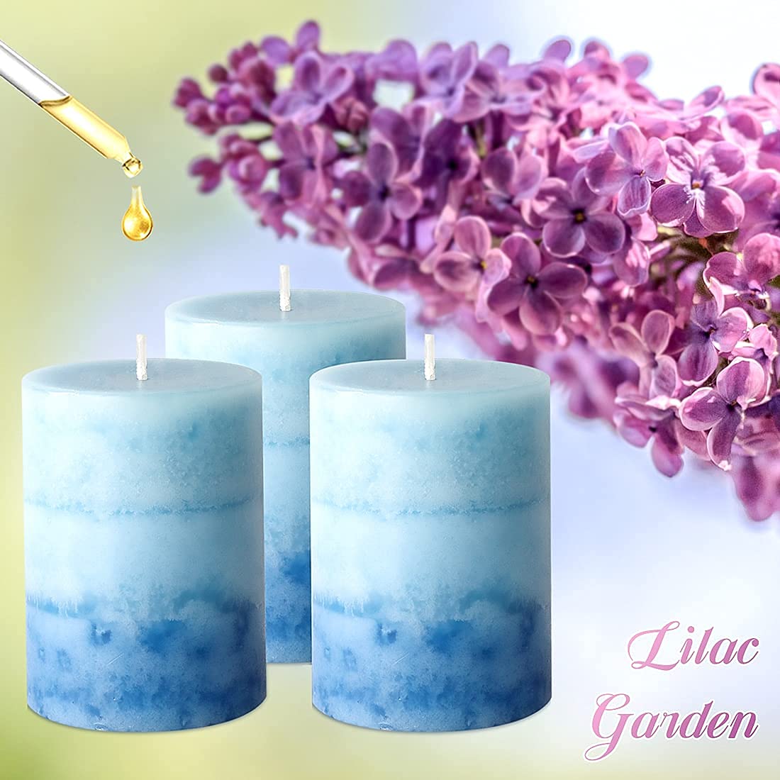 FLAVCHARM Scented Pillar Candles, Blue Candles for Home Scented, Lilac Garden Scented Candles, Long-Lasting Candles Scented Gifts for Women, Wedding Decorations, Bathroom Decor, 3x4 inch Candles