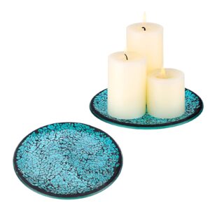 ownmy 2pcs mosaic glass candle plates 6 inch pillar candle holders plates, glass round candle plates and trays glass mosaic candle coasters decorative glass pillar candle stands candle bases, blue