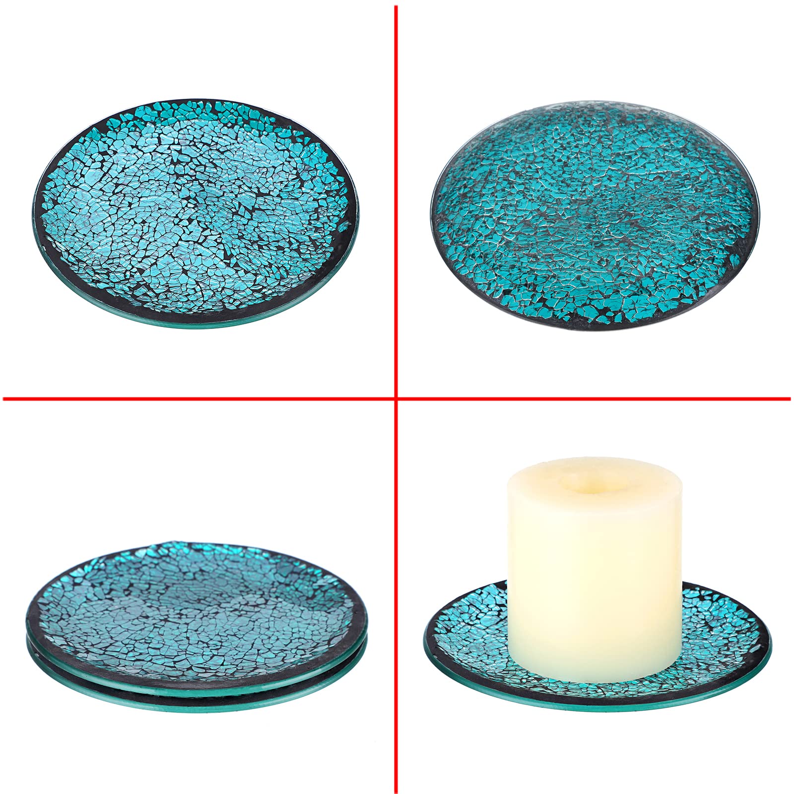 OwnMy 2PCS Mosaic Glass Candle Plates 6 Inch Pillar Candle Holders Plates, Glass Round Candle Plates and Trays Glass Mosaic Candle Coasters Decorative Glass Pillar Candle Stands Candle Bases, Blue