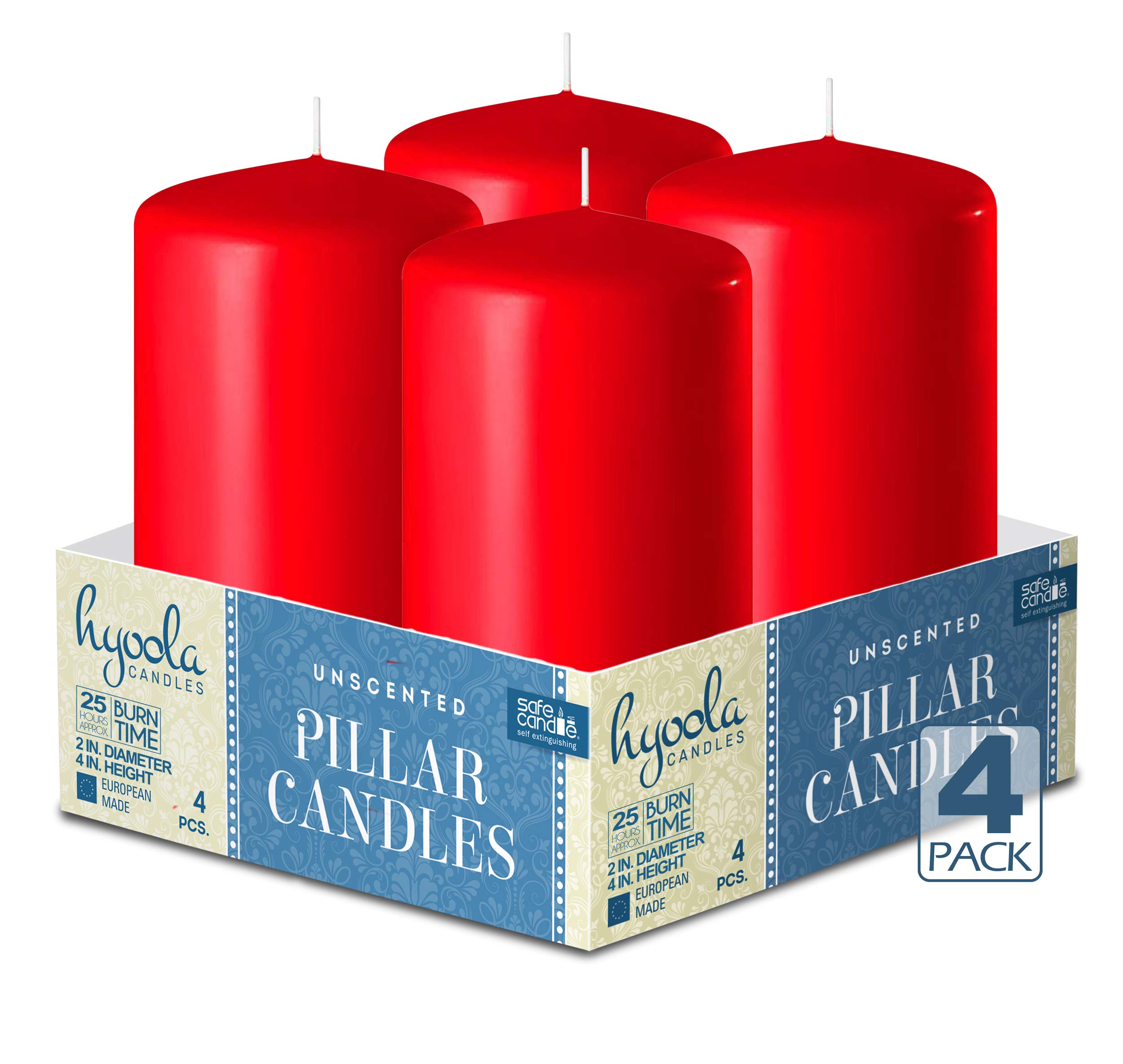 HYOOLA Red Pillar Candles 2-inch x 4-inch - Unscented Pillar Candles - Set of 4 - European Made