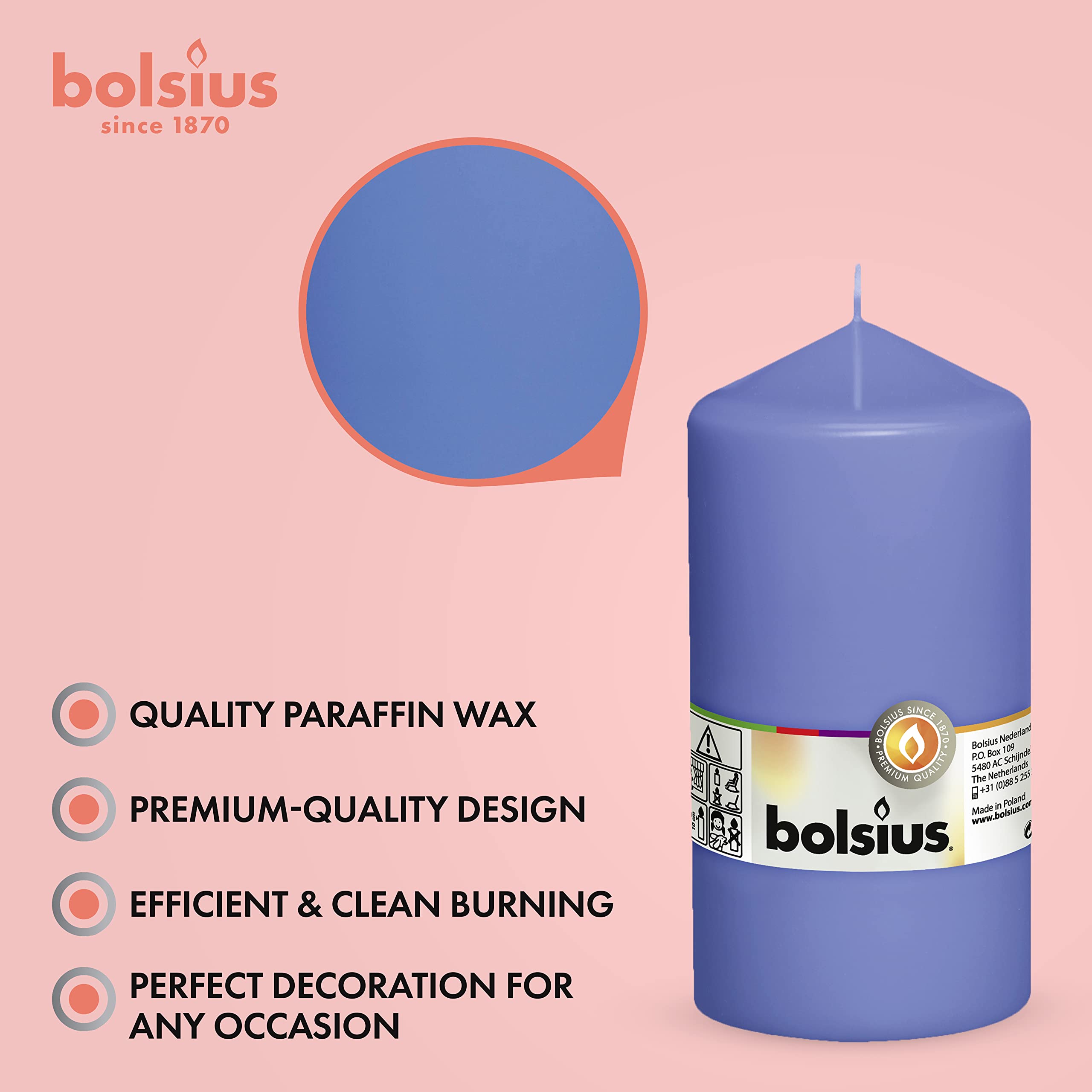 BOLSIUS 4 Blue Pillar Candles - 3x6 Inches - Individually Wrapped - Premium European Quality - 65+ Burn Hours - Dripless & Smokeless Smooth Flame - Unscented Dinner, Wedding, Party, & Décor Candles