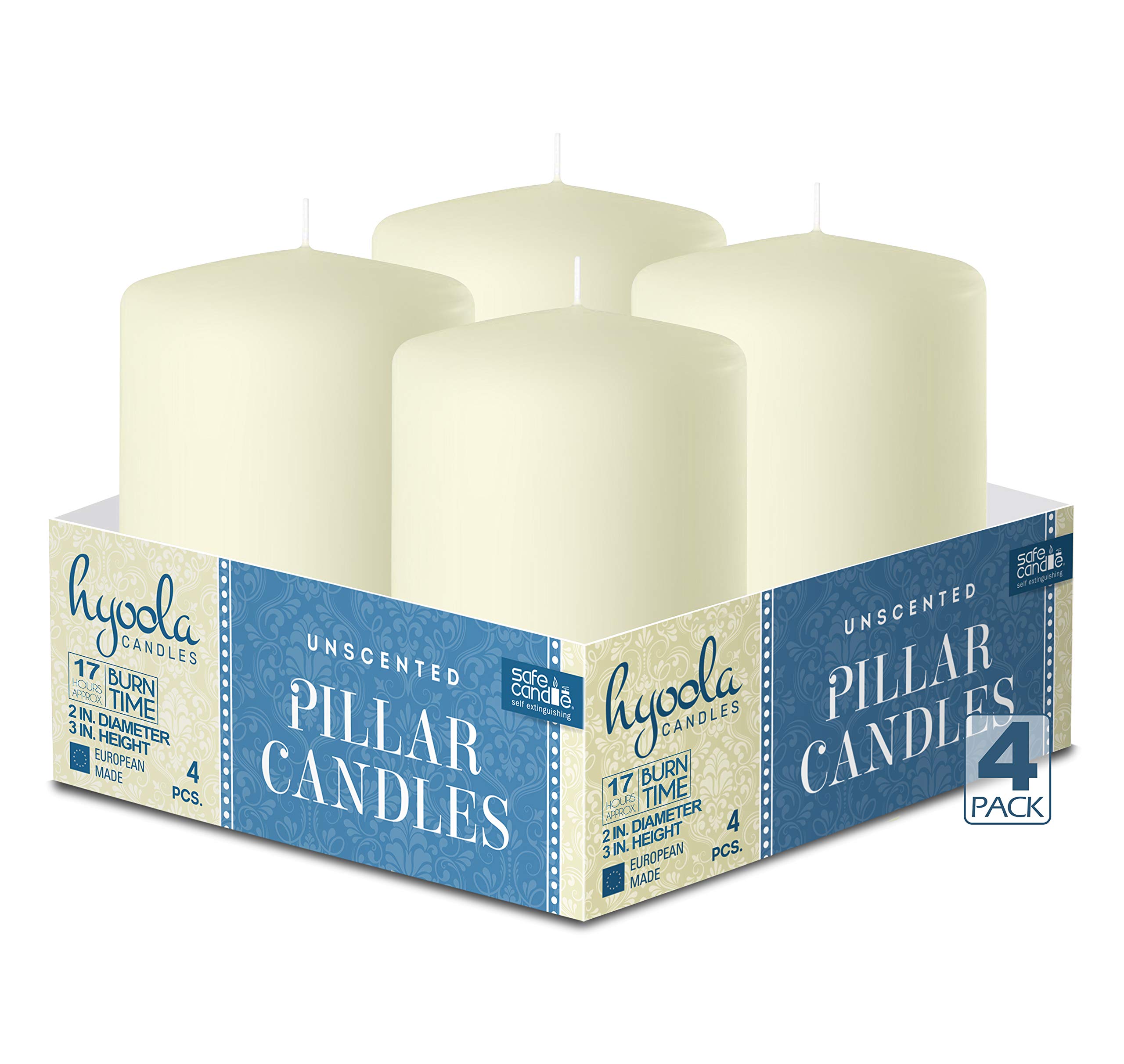 HYOOLA Ivory Pillar Candles 2x3 Inch - Unscented Pillar Candles - Set of 4 - European Made