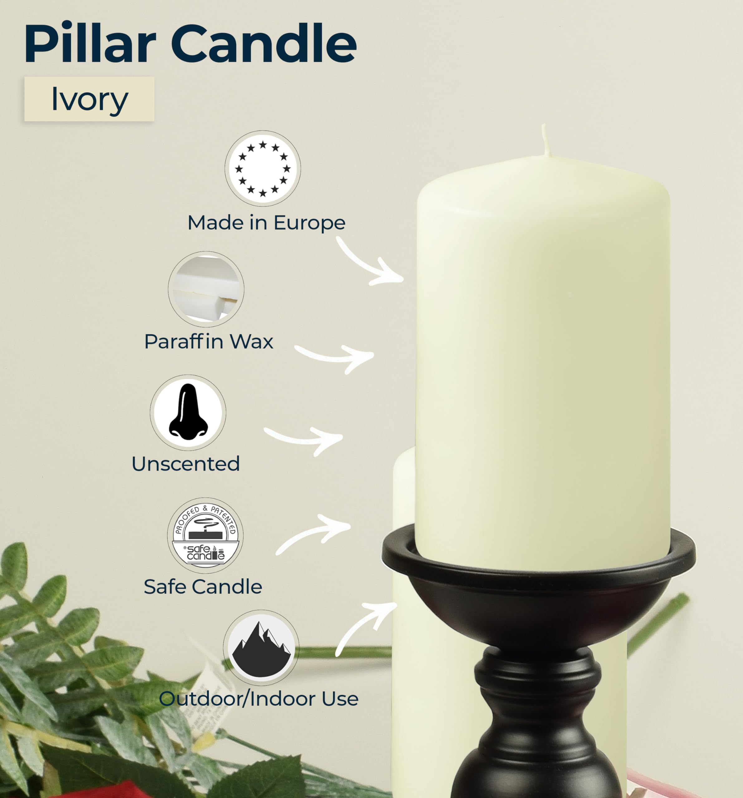 HYOOLA Ivory Pillar Candles 2x3 Inch - Unscented Pillar Candles - Set of 4 - European Made