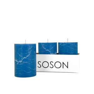 simply soson steel blue rustic texture pillar candles 3x4 inch - set of 3 - unscented decorative blue candles, no drip candles, ideal as large candles for home decor, weddings, holidays