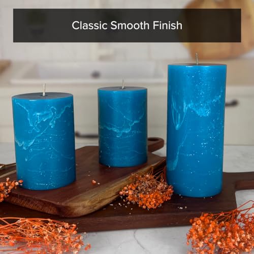 Simply Soson Steel Blue Rustic Texture Pillar Candles 3x4 inch - Set of 3 - Unscented Decorative Blue Candles, No drip Candles, Ideal as Large Candles for Home Decor, Weddings, Holidays