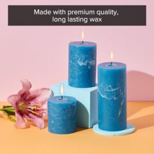 Simply Soson Steel Blue Rustic Texture Pillar Candles 3x4 inch - Set of 3 - Unscented Decorative Blue Candles, No drip Candles, Ideal as Large Candles for Home Decor, Weddings, Holidays