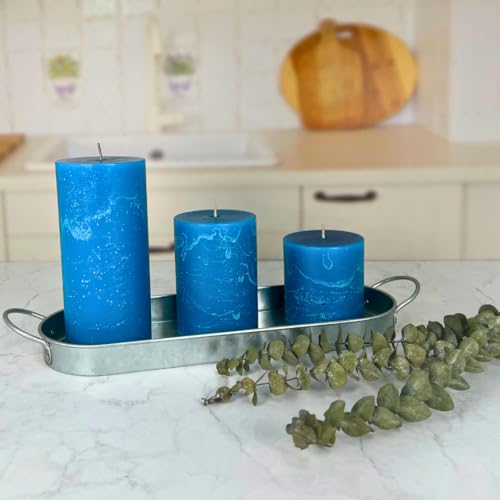 Simply Soson Steel Blue Rustic Texture Pillar Candles 3x4 inch - Set of 3 - Unscented Decorative Blue Candles, No drip Candles, Ideal as Large Candles for Home Decor, Weddings, Holidays