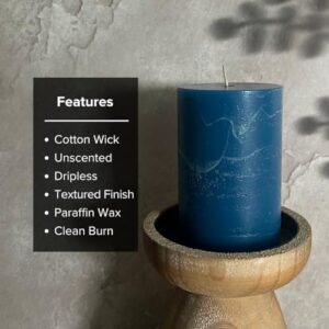 Simply Soson Steel Blue Rustic Texture Pillar Candles 3x4 inch - Set of 3 - Unscented Decorative Blue Candles, No drip Candles, Ideal as Large Candles for Home Decor, Weddings, Holidays