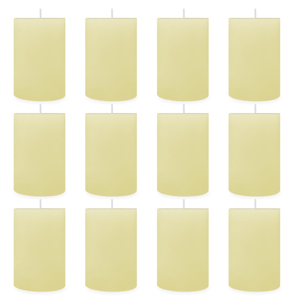 Beige Pillar Candles 2x3 Inch Yellowish Unscented Dripless 24 Hour Cylinder Candles for Dinner Tables, Wedding, Party, Home, 12 Packs