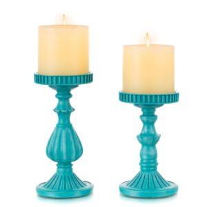 romadedi candle holders coastal farmhouse decor - vintage pillar candle holder set of 2 rustic resin candle stand for table centerpiece beach bathroom fireplace, teal blue