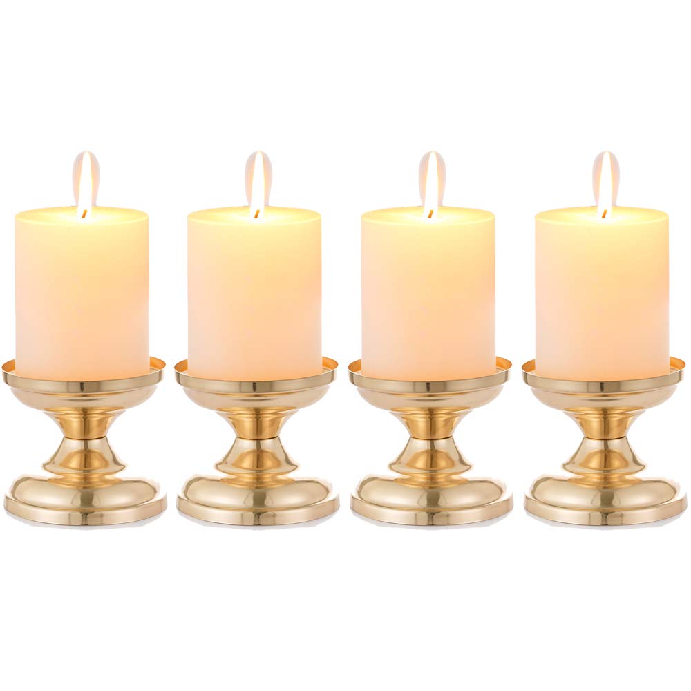 4 Pcs Gold Metal Pillar Candle Holders, Wedding Centerpieces Candlestick Holders for 3" Candles Stand Decoration Ideal for Weddings, Special Events, Parties