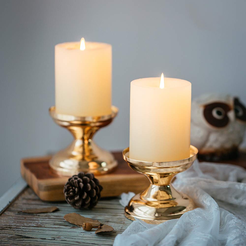 4 Pcs Gold Metal Pillar Candle Holders, Wedding Centerpieces Candlestick Holders for 3" Candles Stand Decoration Ideal for Weddings, Special Events, Parties