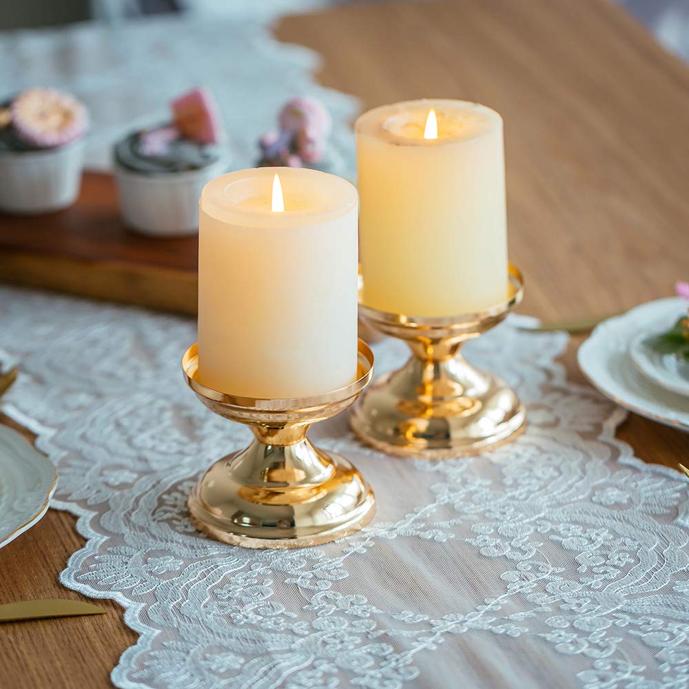 4 Pcs Gold Metal Pillar Candle Holders, Wedding Centerpieces Candlestick Holders for 3" Candles Stand Decoration Ideal for Weddings, Special Events, Parties