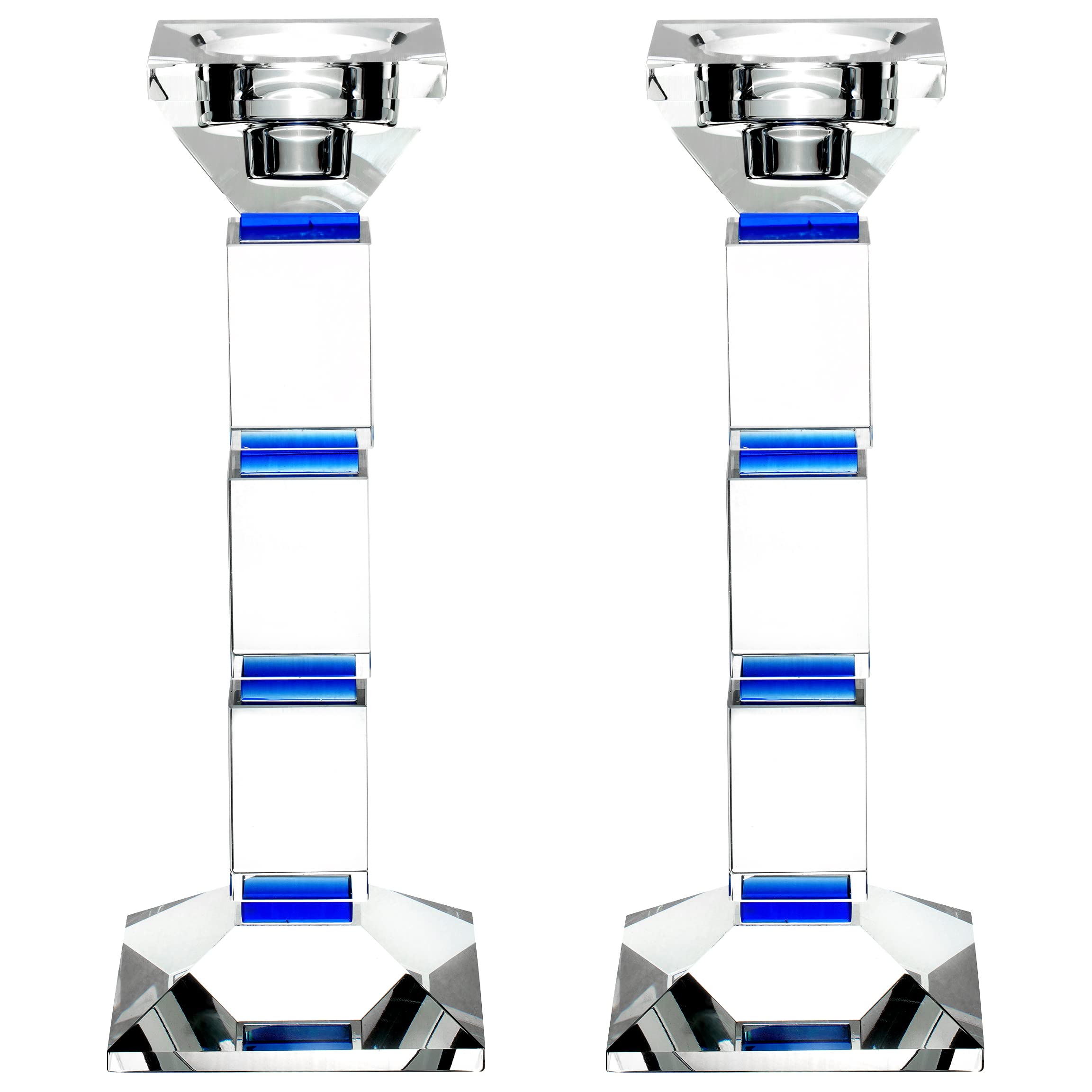 Crystal Candle Holders Set of 2-8" Tall Candlestick holder for Taper Candles and Tea Light Candles (Blue)