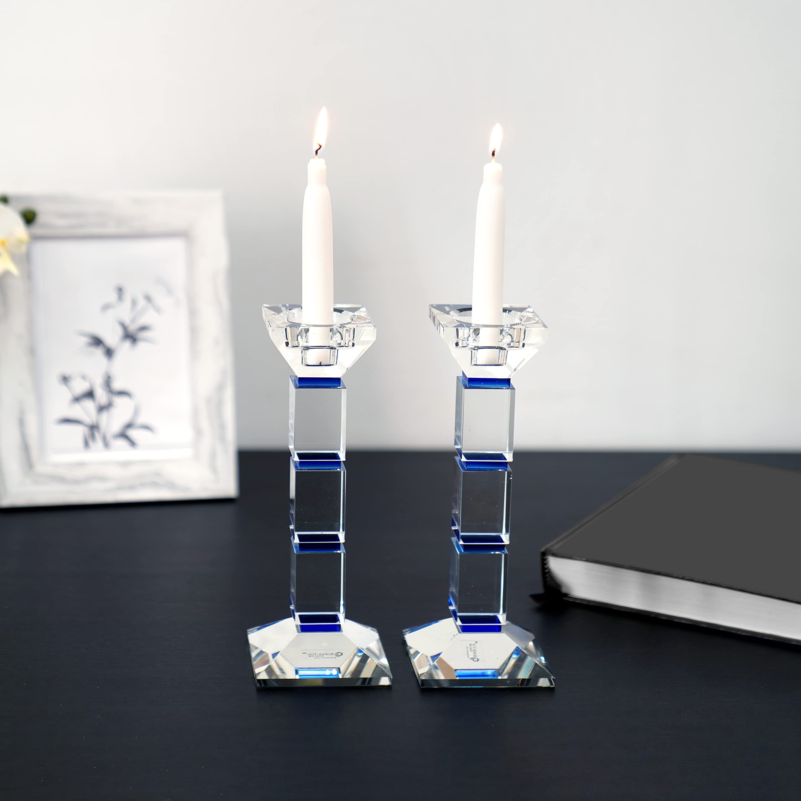 Crystal Candle Holders Set of 2-8" Tall Candlestick holder for Taper Candles and Tea Light Candles (Blue)