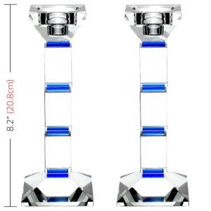 Crystal Candle Holders Set of 2-8" Tall Candlestick holder for Taper Candles and Tea Light Candles (Blue)