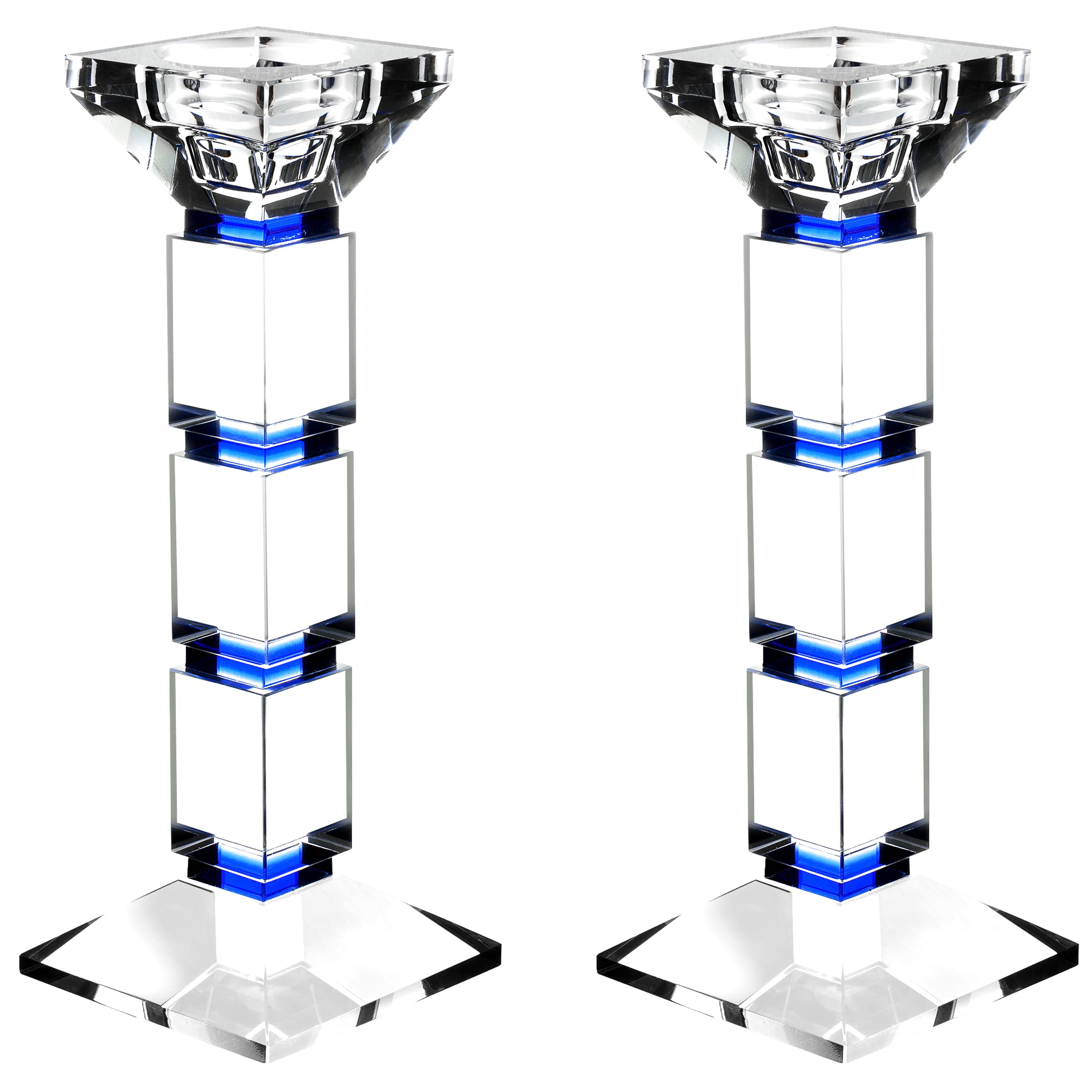 Crystal Candle Holders Set of 2-8" Tall Candlestick holder for Taper Candles and Tea Light Candles (Blue)