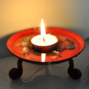 Lalhaveli Red Hand Painted Small Iron Pillar Candle Stand, 4.5" Tall 2" Candle Plate Votive Candle Holders Stand Decorative