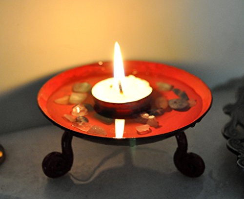 Lalhaveli Red Hand Painted Small Iron Pillar Candle Stand, 4.5" Tall 2" Candle Plate Votive Candle Holders Stand Decorative