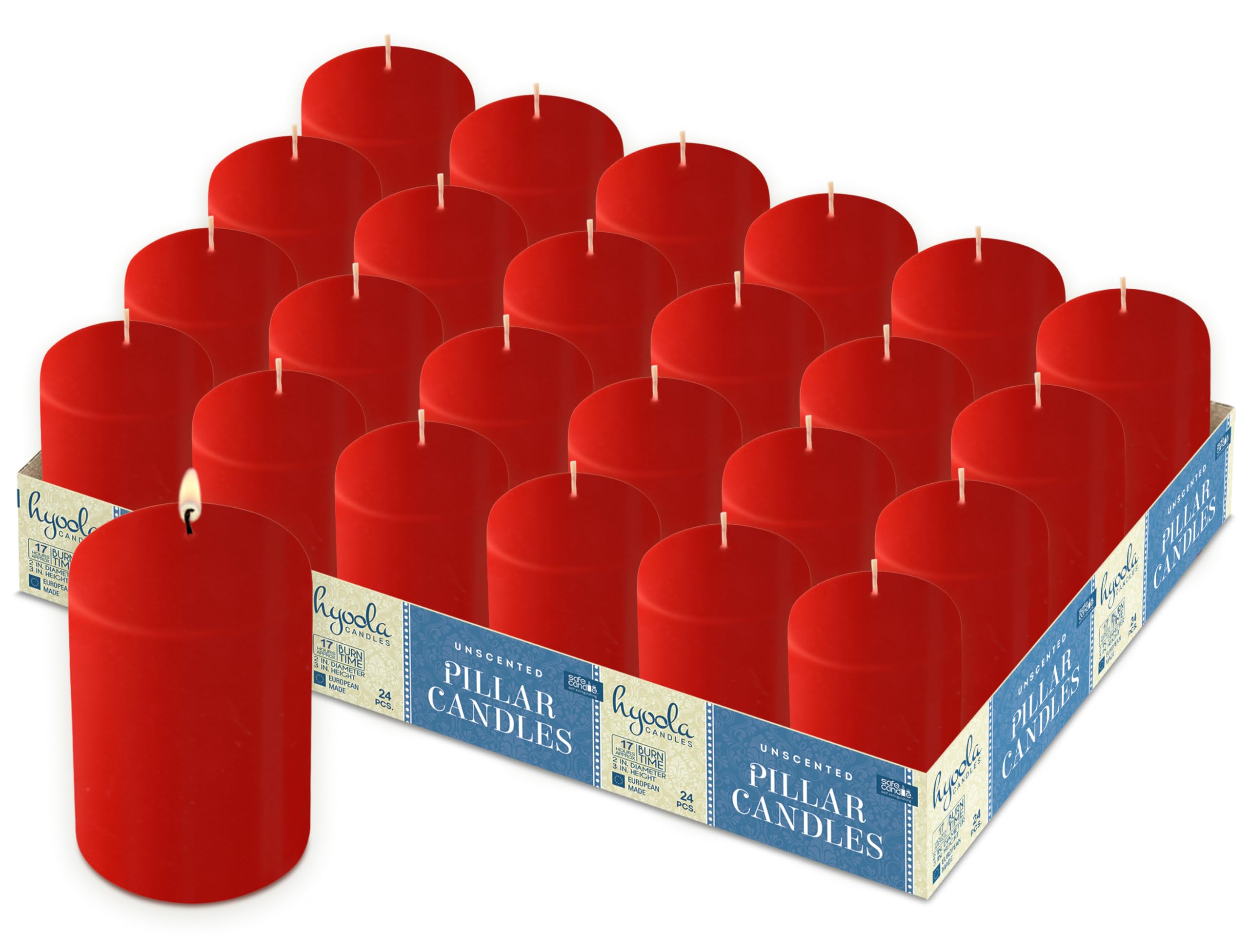 HYOOLA Red Pillar Candles 2x3 Inch - 24 Pack Unscented Bulk Pillar Candles - European Made