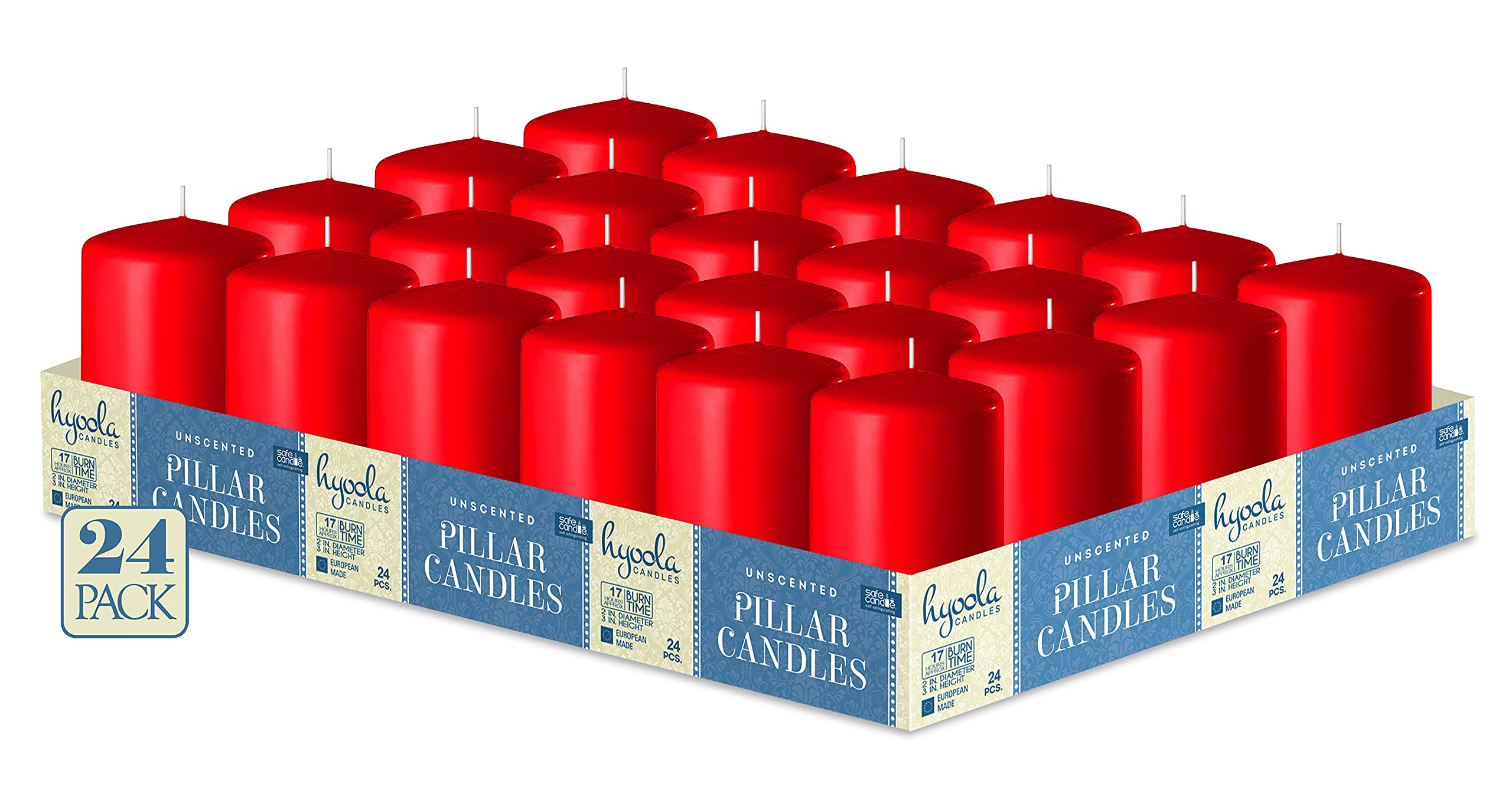 HYOOLA Red Pillar Candles 2x3 Inch - 24 Pack Unscented Bulk Pillar Candles - European Made