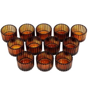 VOHO Amber Tealight Candle Holder Set of 12, 2'' x 1.4'' Glass Brown Small Votive Candle Holders Home Decoration, Clear Tealight Candles Holder for Table Centerpieces and Wedding Decor