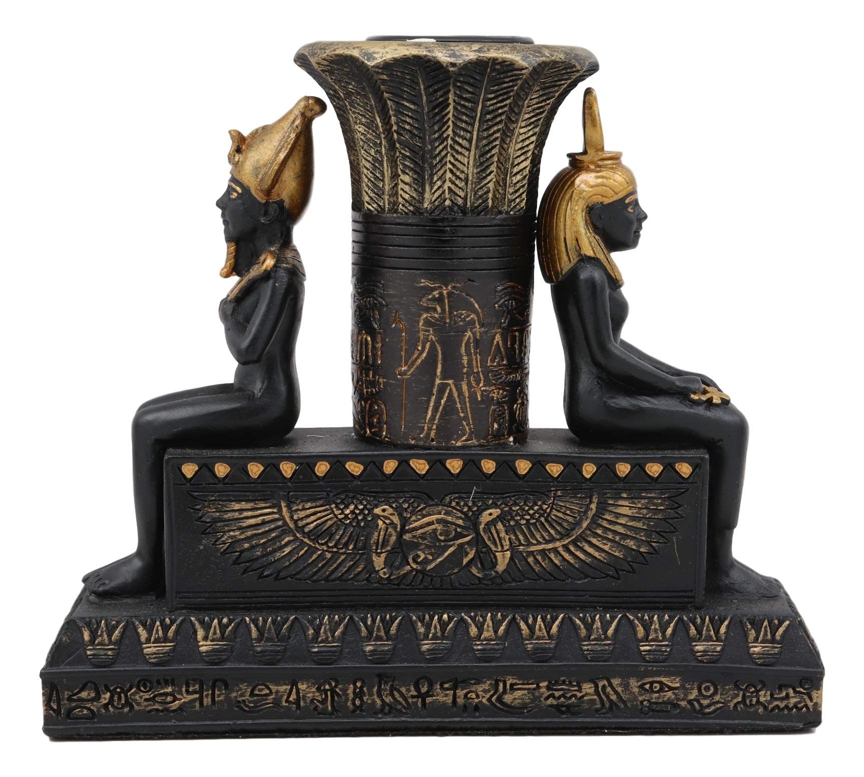 Ebros Ancient Classical Egyptian Black and Gold Seated Isis and Osiris Pillar Candle Holder Figurine Candleholder Home Decor Statue As Decorative Sculpture Gods and Goddesses of Egypt Collectible