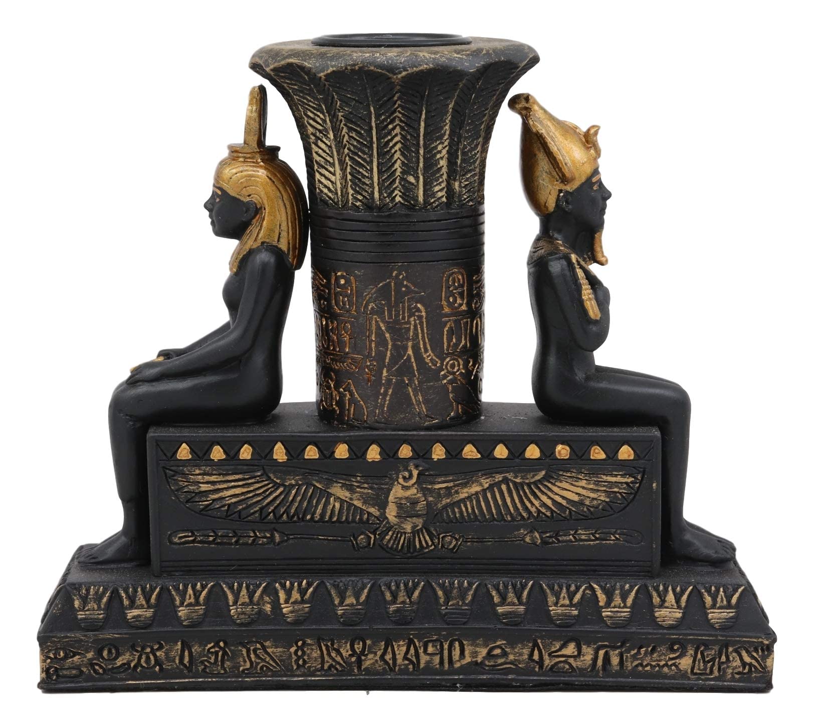 Ebros Ancient Classical Egyptian Black and Gold Seated Isis and Osiris Pillar Candle Holder Figurine Candleholder Home Decor Statue As Decorative Sculpture Gods and Goddesses of Egypt Collectible