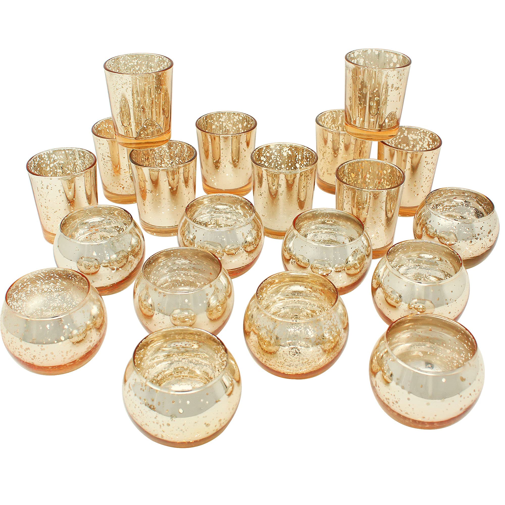 Just Artifacts 24pcs Assorted Gold Mercury Glass Votive Candle Holders (12pc 2-Inch Round, 12pc 2.75-Inch)