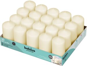 bolsius ivory pillar candles - 20 pack 2x4 inch pillar candle set - 20 hours dripless & smokeless clean burning dinner candles - premium europen quality - palm oil free - 0% animal fat - party candles