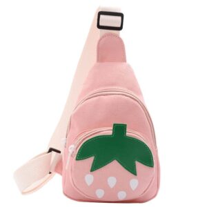 hiflyer pink strawberry sling backpack, small backpack for girls, kawaii bag, lightweight canvas, adjustable shoulder strap, zipper, 8x5x2 inches