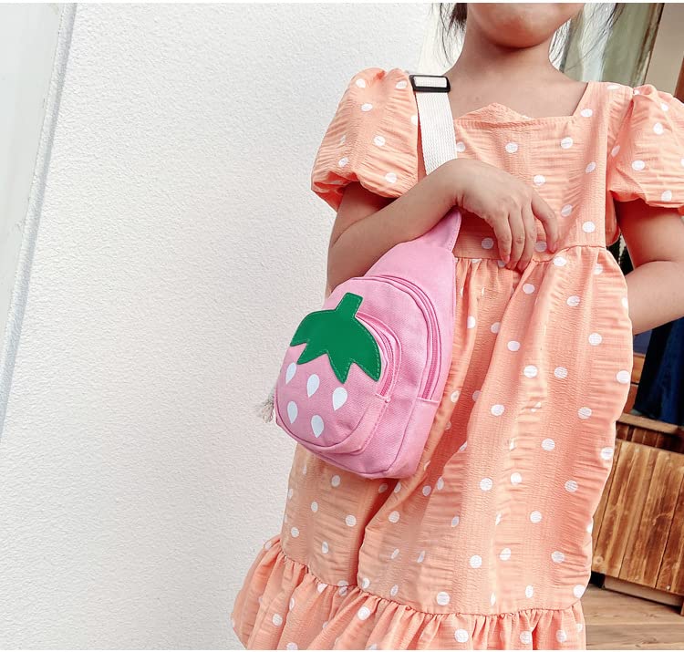 Hiflyer Pink Strawberry Sling Backpack, Small Backpack for Girls, Kawaii Bag, Lightweight Canvas, Adjustable Shoulder Strap, Zipper, 8x5x2 inches