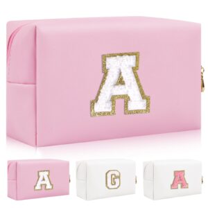 personalized initial letter patch makeup bag, preppy portable chenille letter cosmetic bag with zipper, pu leather waterproof travel toiletry bag monogram make up pouch for women girls(letter a)