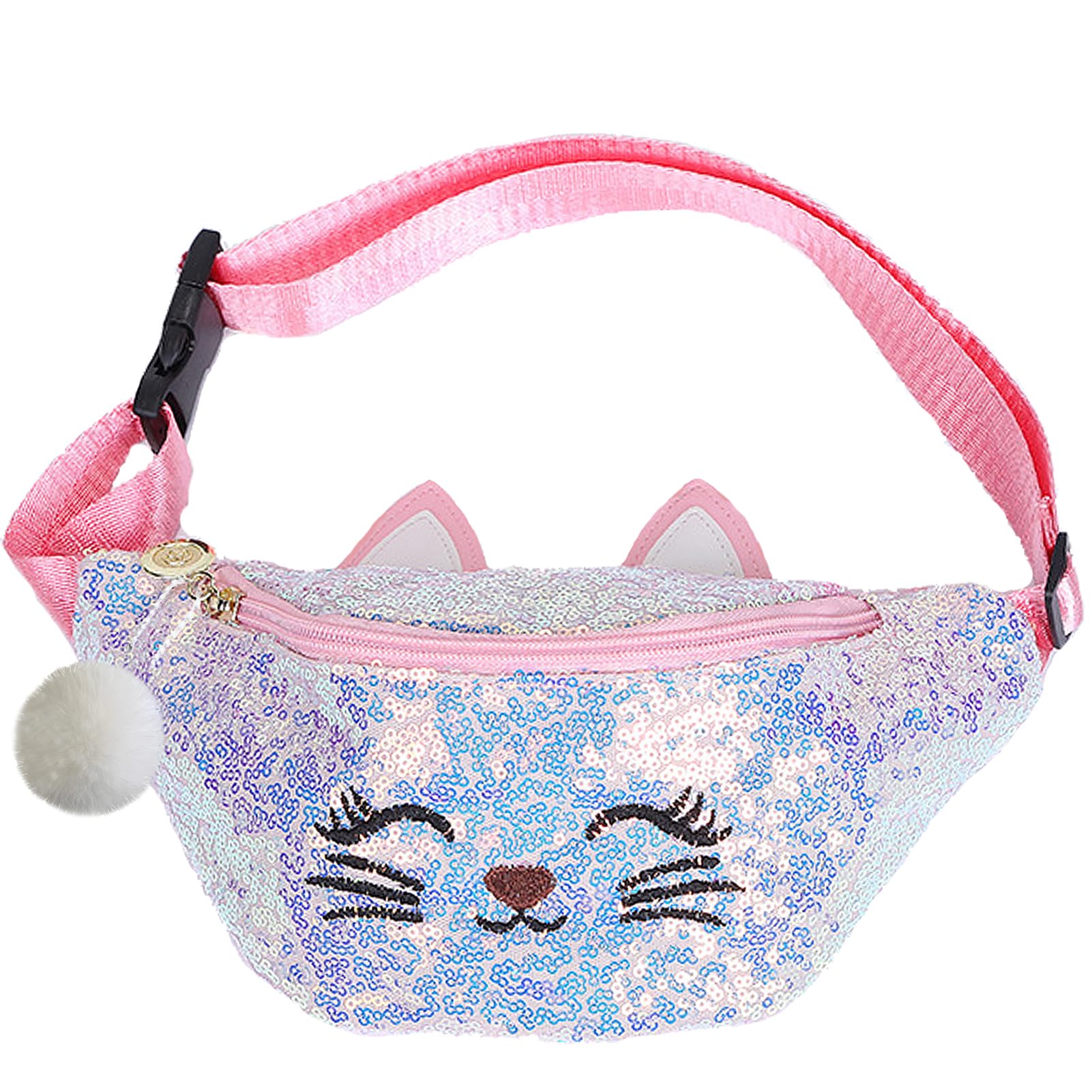 BIBDOO Kids Fanny Pack for Girls Shiny Waist Bag Cat Gift with Pom Pom