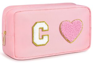 topeast a-z personalized makeup bag, chenille letters cosmetic toiletry bag | nylon cosmetic pouch bag | portable waterproof travel organizer initial preppy makeup pouch teen girl gifts, letter c