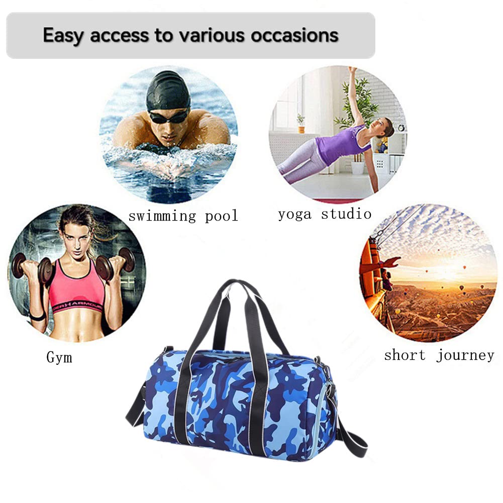 mezhsa Kids Overnight Duffle Bag Girls Boys Sports Gym Bag with Shoe Compartment Wet Pocket Camouflage travel bag (Blue)