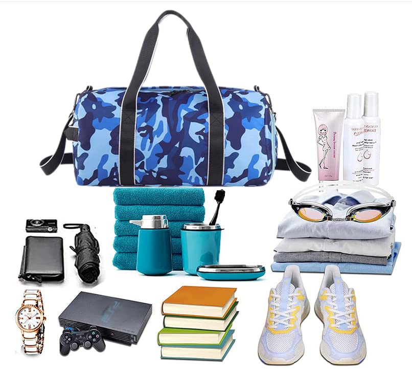 mezhsa Kids Overnight Duffle Bag Girls Boys Sports Gym Bag with Shoe Compartment Wet Pocket Camouflage travel bag (Blue)