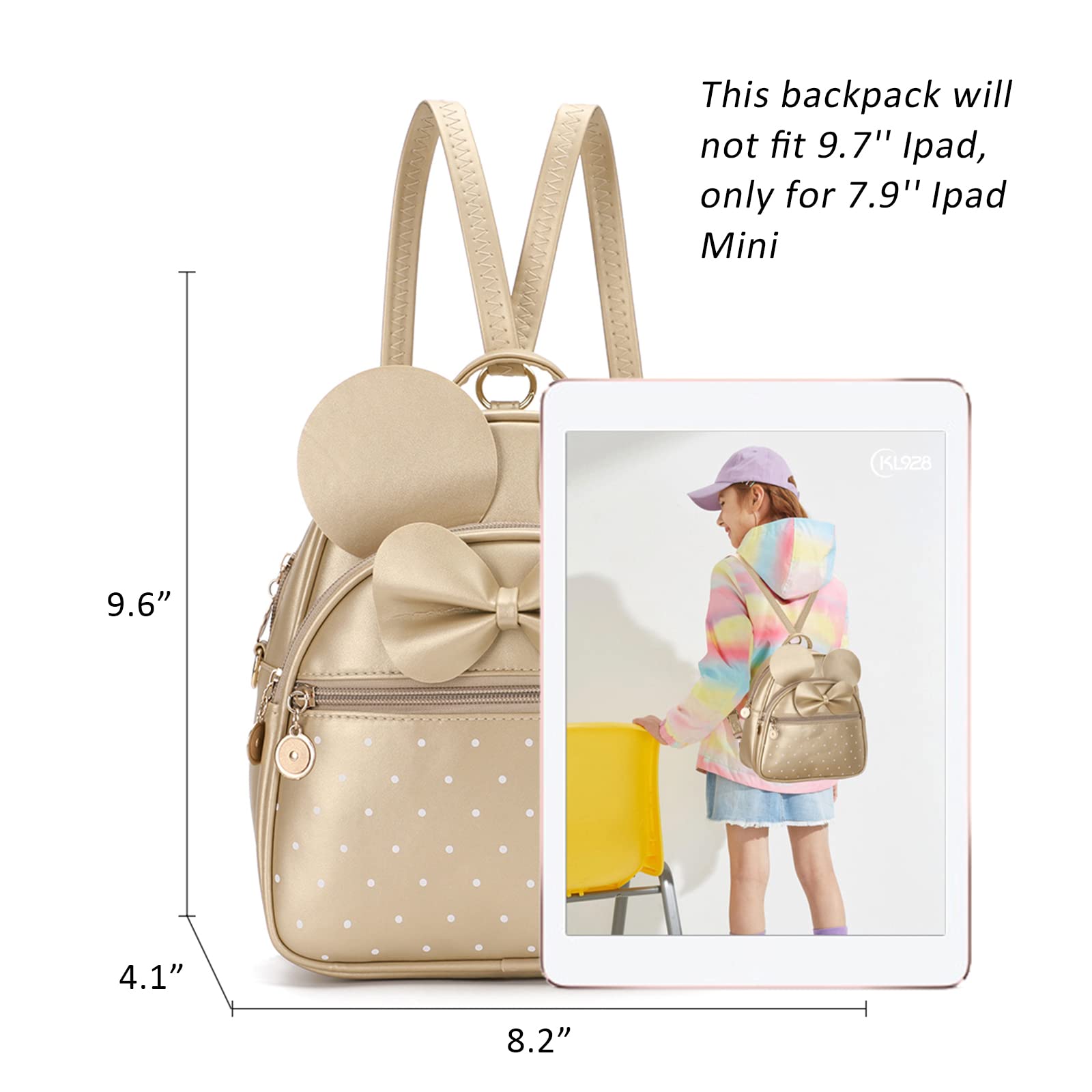 KL928 Girls Bowknot Polka Dot Cute Mini Backpack Small Daypacks Convertible Shoulder Bag Purse for Women (Gold)