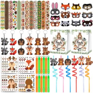 woodland party favors 84 pcs forest animals theme masks sticker keychains straws slap bracelets bubble sticks gift bags for kids woodland creatures birthday party baby shower goodie bag fillers