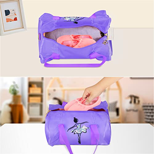 Cute Ballet Dance Bag Kids Tutu Dress Bag Girls Dance Bag Polyester Personalized Waterproof Gym Bag with Key Chain Cute Plush Hanging Pink ball(Purple2)