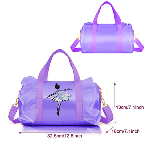 Cute Ballet Dance Bag Kids Tutu Dress Bag Girls Dance Bag Polyester Personalized Waterproof Gym Bag with Key Chain Cute Plush Hanging Pink ball(Purple2)