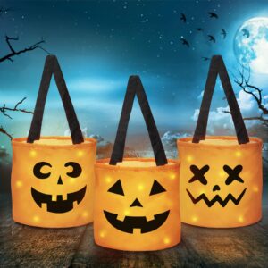 halloween led light up trick or treat bags, 3 pcs halloween pumpkin bucket, multipurpose portable collapsible reusable candy bags, best halloween party favors for kids.