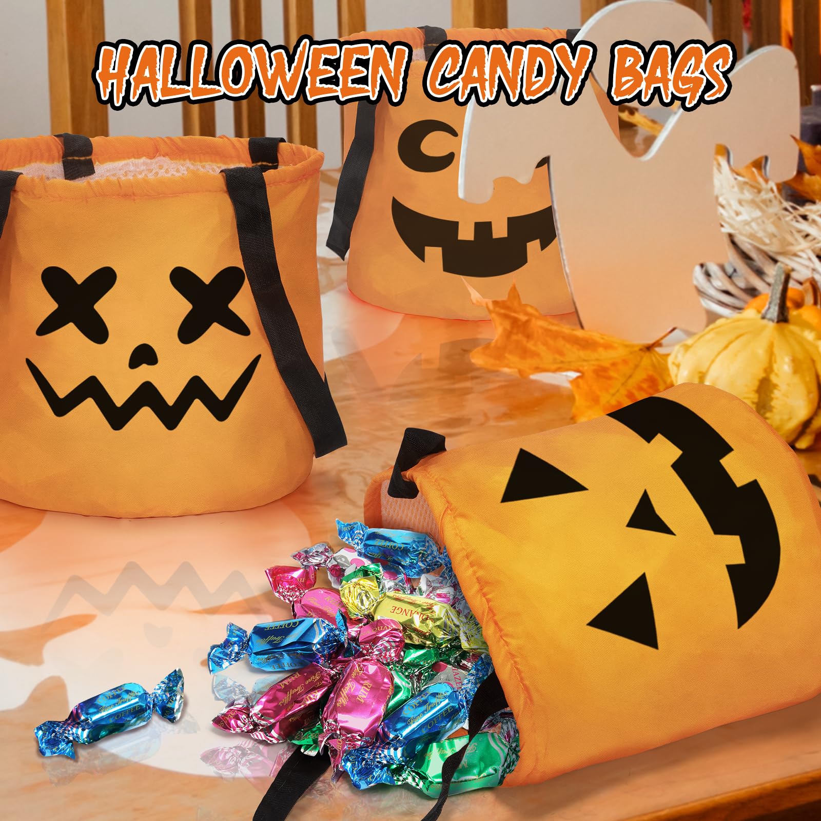 Halloween LED Light Up Trick or Treat Bags, 3 Pcs Halloween Pumpkin Bucket, Multipurpose Portable Collapsible Reusable Candy Bags, Best Halloween Party Favors for Kids.