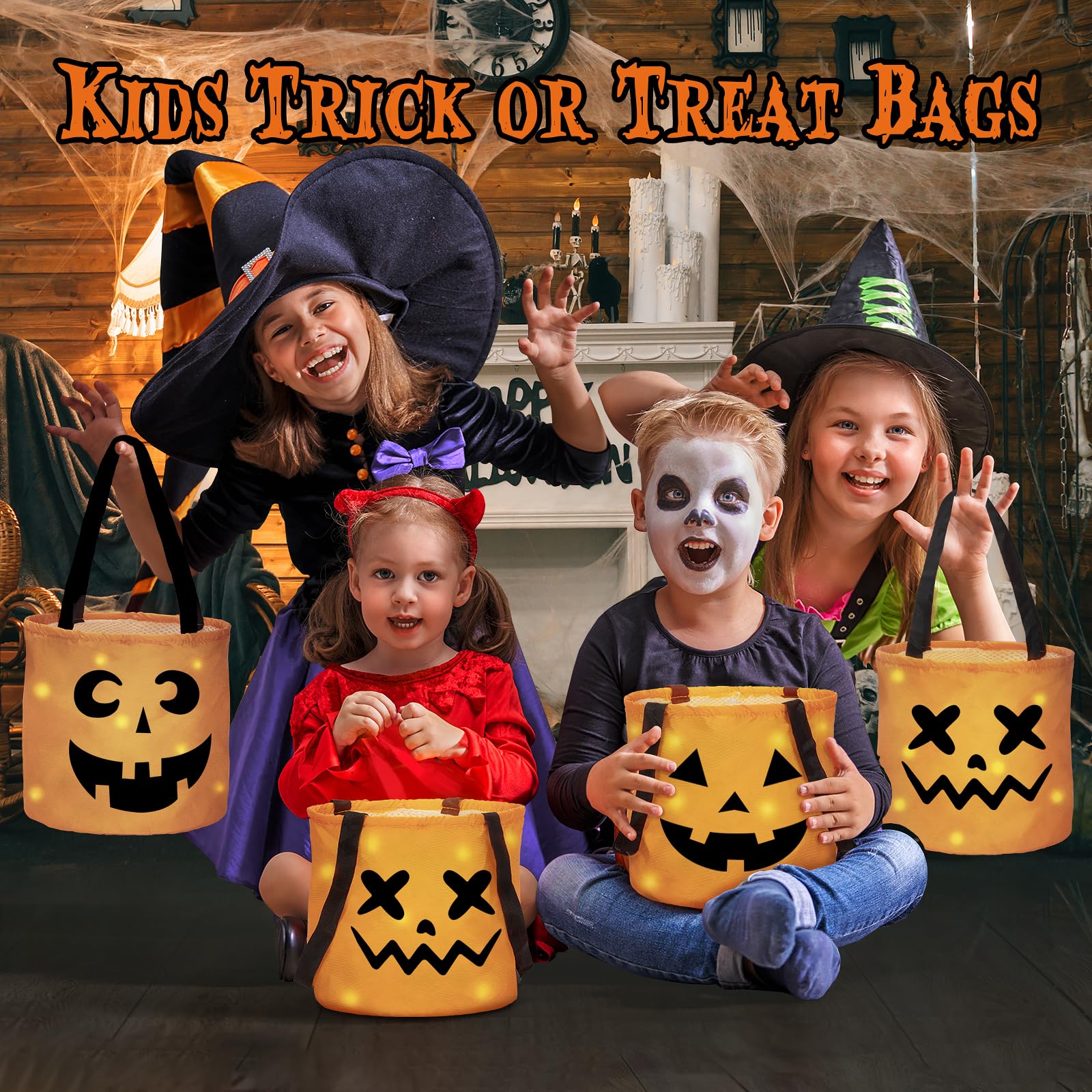 Halloween LED Light Up Trick or Treat Bags, 3 Pcs Halloween Pumpkin Bucket, Multipurpose Portable Collapsible Reusable Candy Bags, Best Halloween Party Favors for Kids.