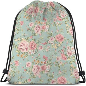 beabes pink flowers drawstring bags backpack bag vintage floral design retro blooming summer rose peony romantic sport gym sack drawstring bag string bag yoga bag for men women